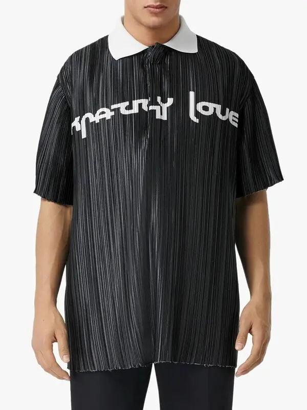 Burberry Slogan Print Satin Plissé Polo Shirt