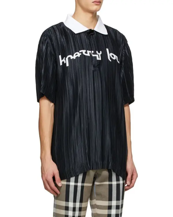 Burberry Slogan Print Satin Plissé Polo Shirt