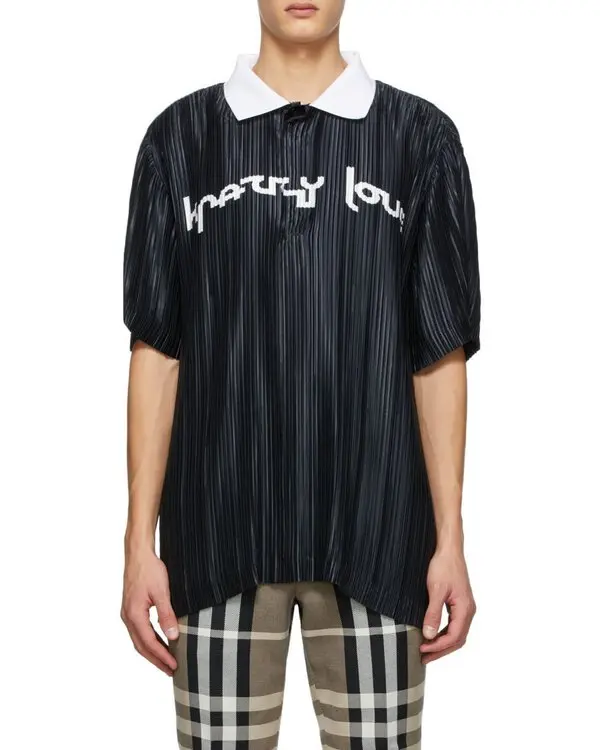 Burberry Slogan Print Satin Plissé Polo Shirt