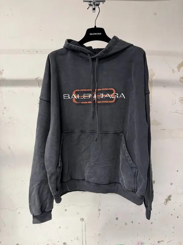 Balenciaga Logo Printed Drawstring Hoodie - Black