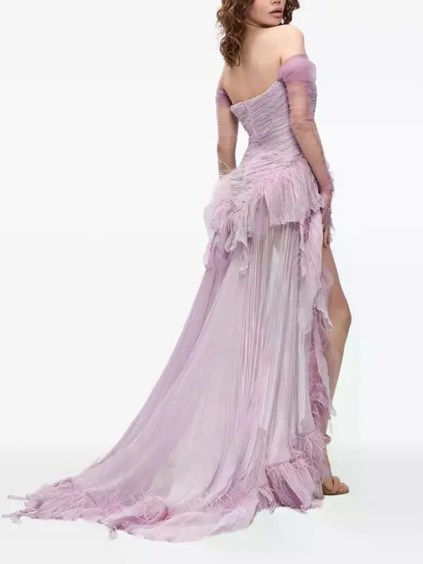 NORINA ST Diada Feather-trim Ruched Maxi Dress