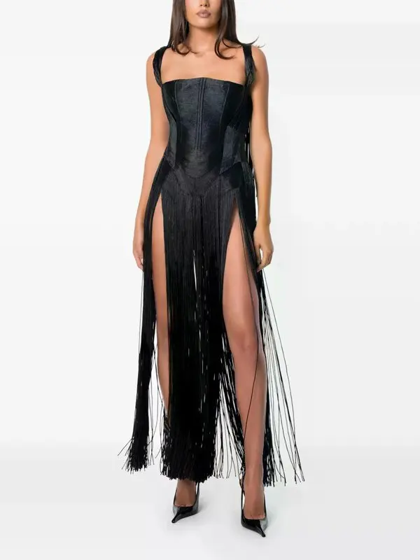 NORINA ST Fringe-trimmed Corset Maxi Dress - Black