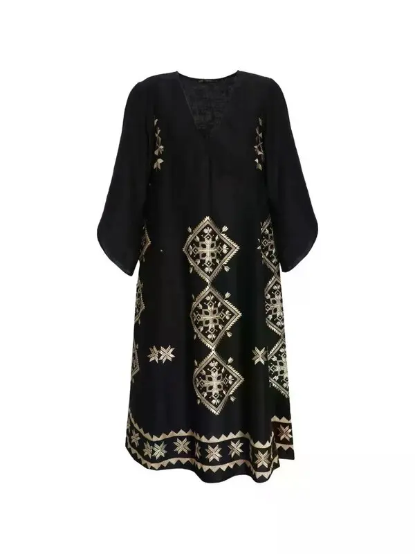 Greek Archaic Kori Lefkada Bell-sleeve Midi Dress - Black