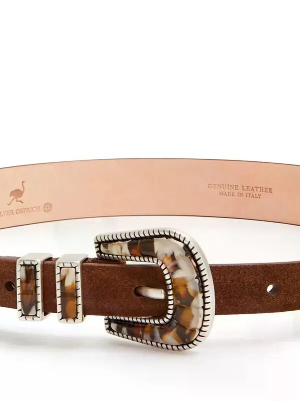 SILVER OSTRICH Buckled Leather Belt