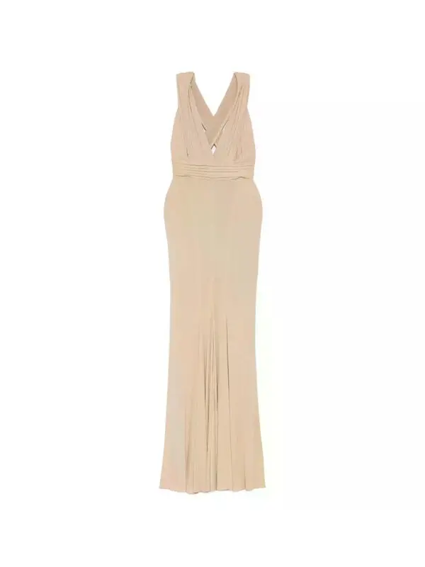 HERVE L. LEROUX Plunge-neck Ruched Gown