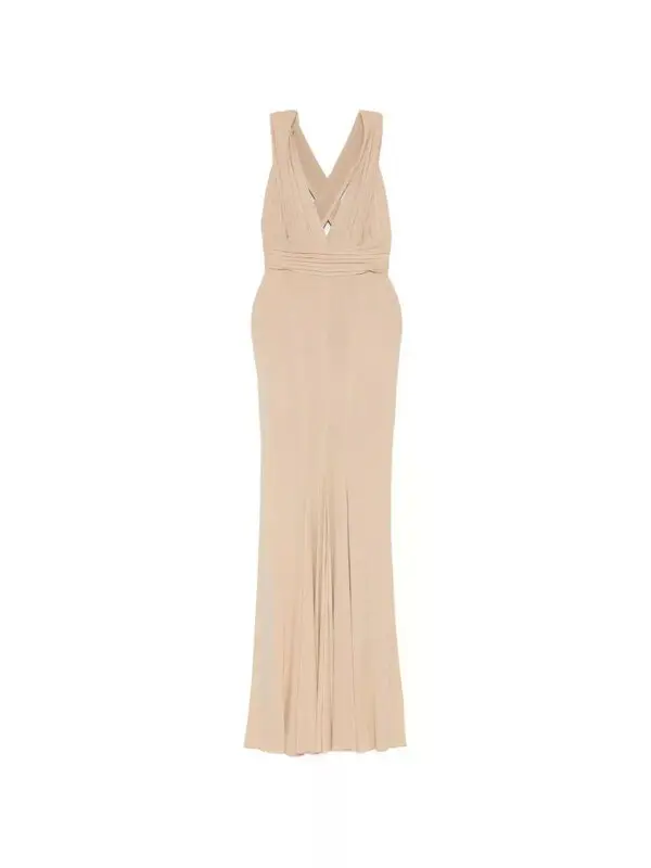 HERVE L. LEROUX Plunge-neck Ruched Gown - Neutrals