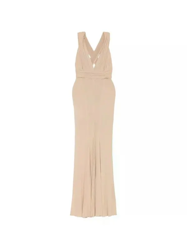 HERVE L. LEROUX Plunge-neck Ruched Gown - Neutrals