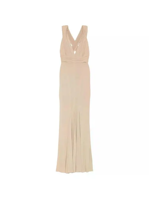 HERVE L. LEROUX Plunge-neck Ruched Gown - Neutrals