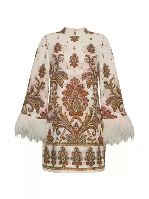 Cara Cara Vida Feather-trimmed Paisley-print Mini Dress
