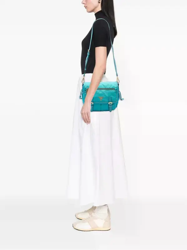Prada Saffiano Trimmed Tessuto Zip Double Buckle Messenger Bag - Blue