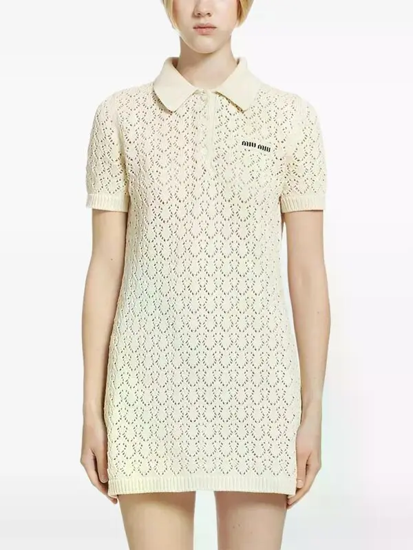 Miu Miu Logo-patch Pointelle-knit Mini Dress - Neutrals