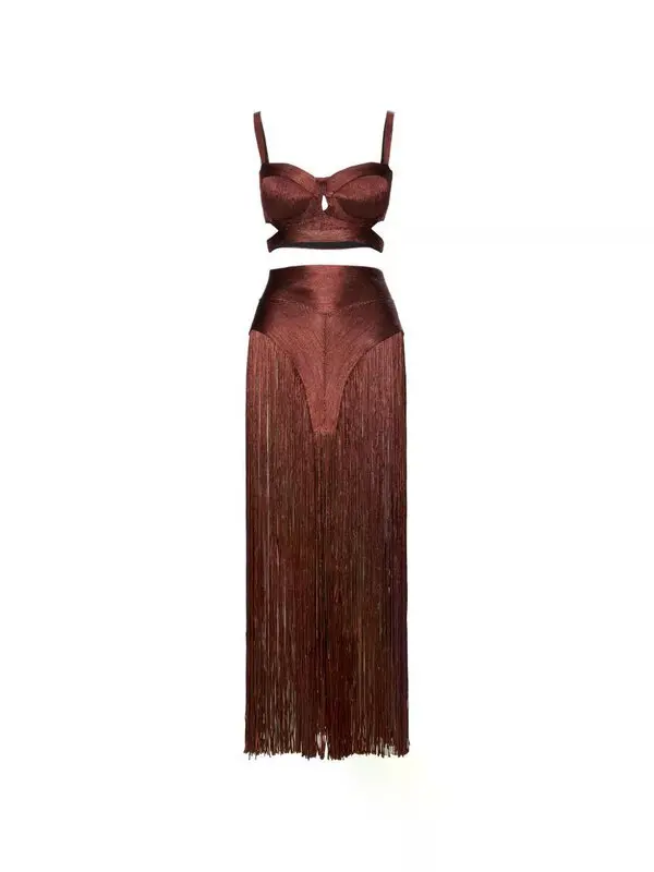 NORINA ST Fringe-detail Skirt And Top Set - Brown