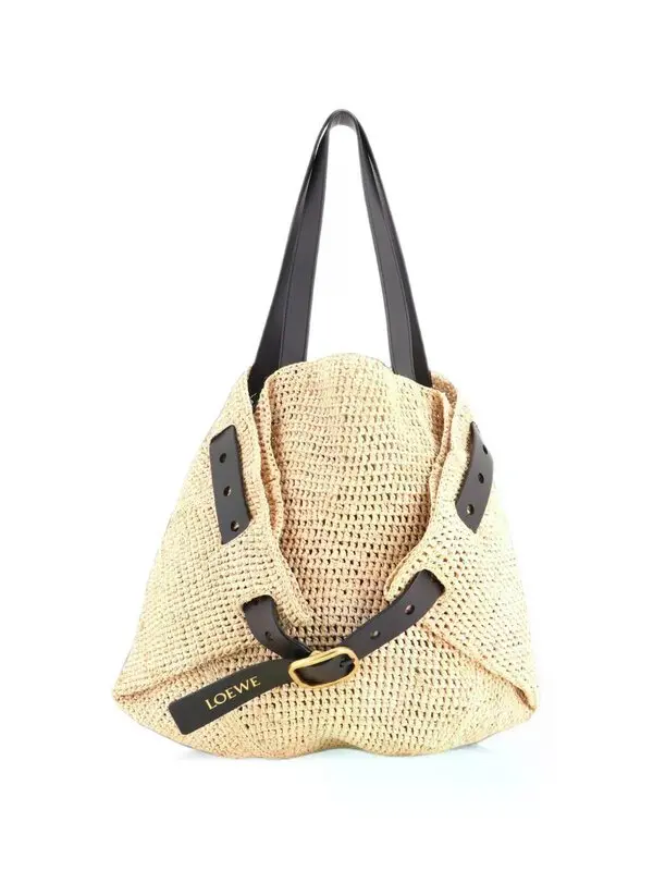 Loewe Punch Hole Raffia With Leather Medium Tote Bag - Neutrals