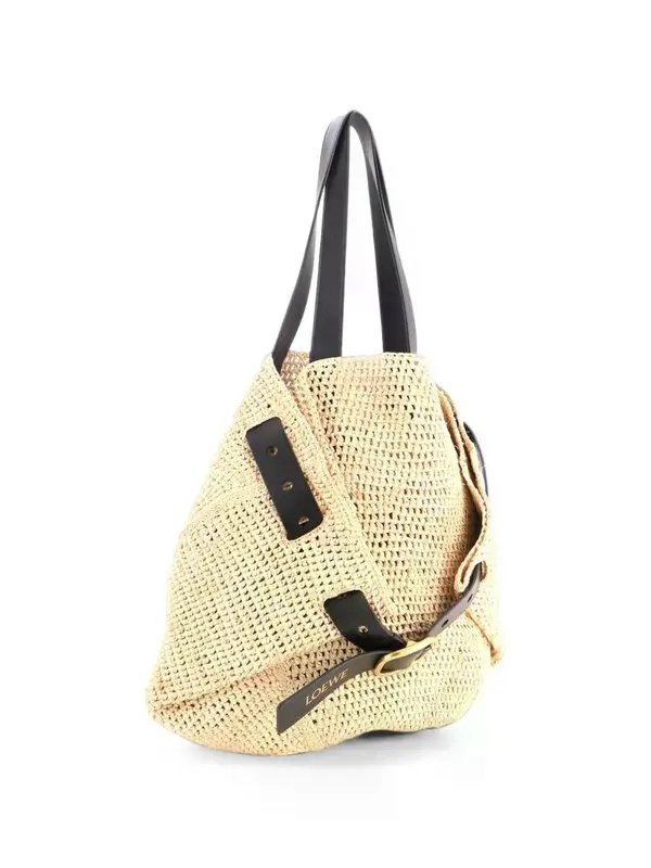 Loewe Punch Hole Raffia With Leather Medium Tote Bag - Neutrals