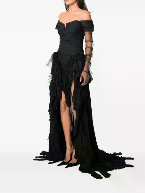 NORINA ST Diada Feather-trim Asymmetric Dress