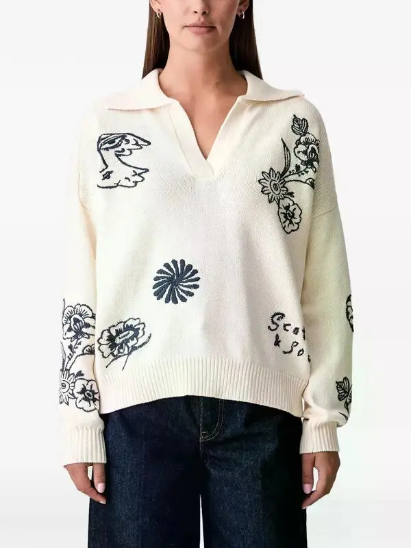 Scotch & Soda Royal Delft Floral-embroidered Polo-collar Sweater
