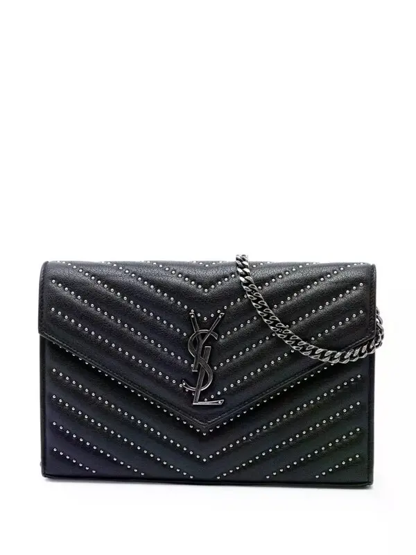 Saint Laurent Chevron Studded Sheepskin Monogram Envelope Chain Wallet Cross Body Bag - Black
