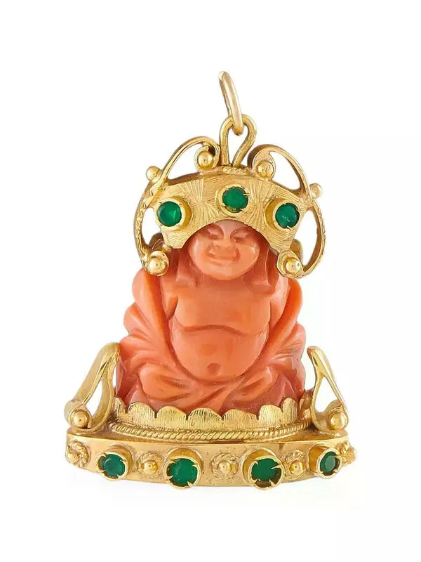 LB EXCLUSIVE 18k Yellow Carved Coral And Emerald Happy Buddha Pendant - Gold