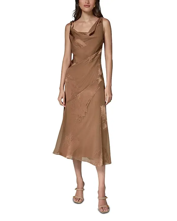 Donna Karan New York Satin Burnout Asymmetrical Neck Midi Dress