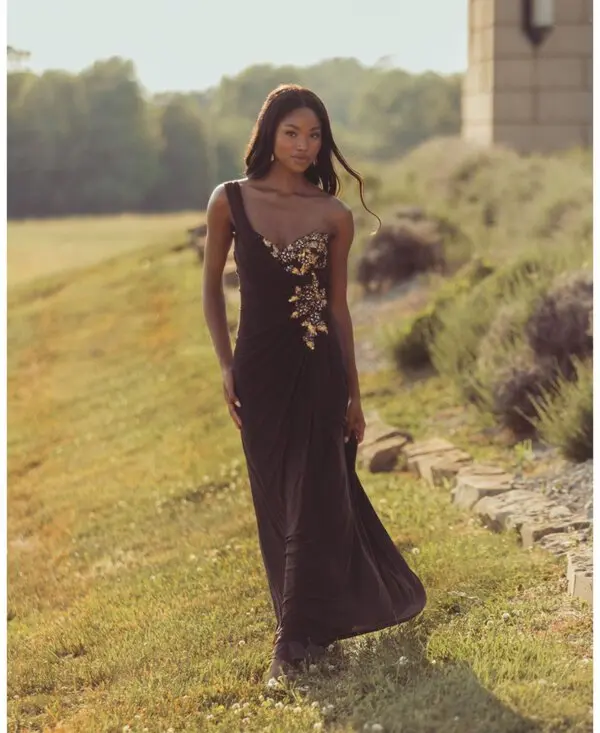 Mac Duggal One Shoulder Embellished Jersey Gown