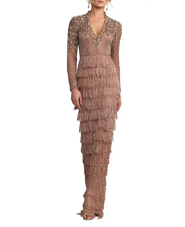 Mac Duggal Beaded Long Sleeve Fringe Column Gown