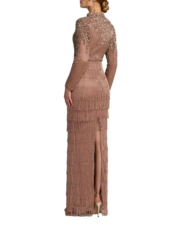Mac Duggal Beaded Long Sleeve Fringe Column Gown