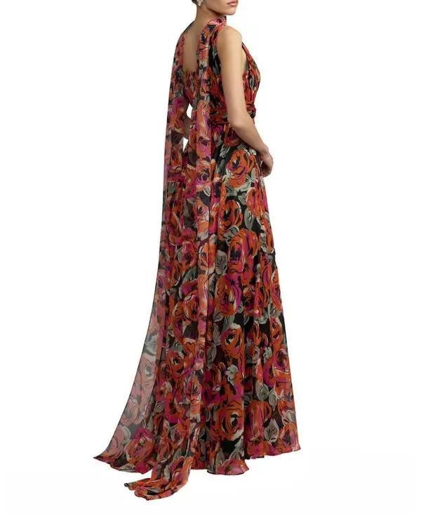 Mac Duggal Printed Chiffon Sleeveless A-line Gown With Scarf - Rose
