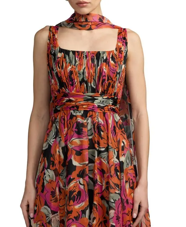 Mac Duggal Printed Chiffon Sleeveless A-line Gown With Scarf - Rose