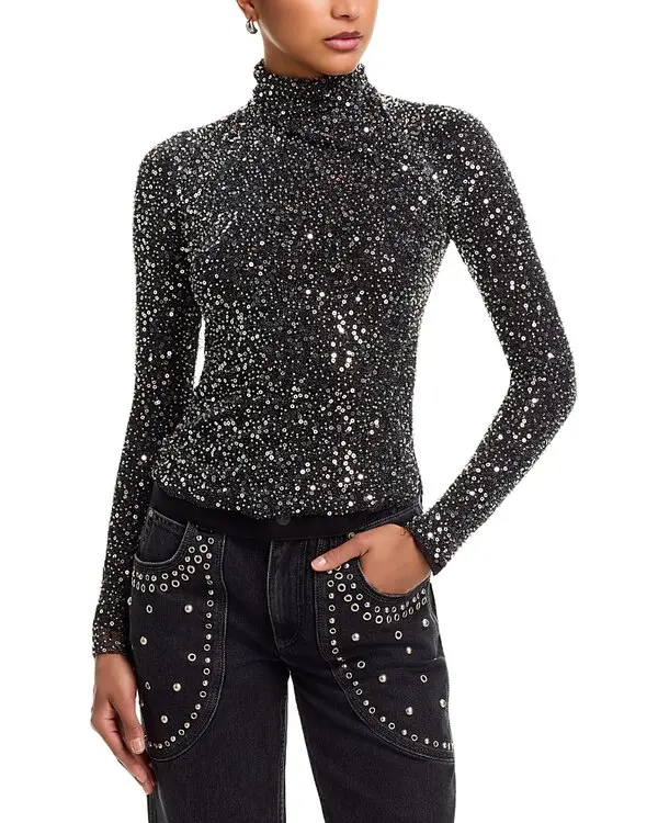Isabel Marant Étoile Lou Sequin Embellished Mock Neck Long Sleeve Top