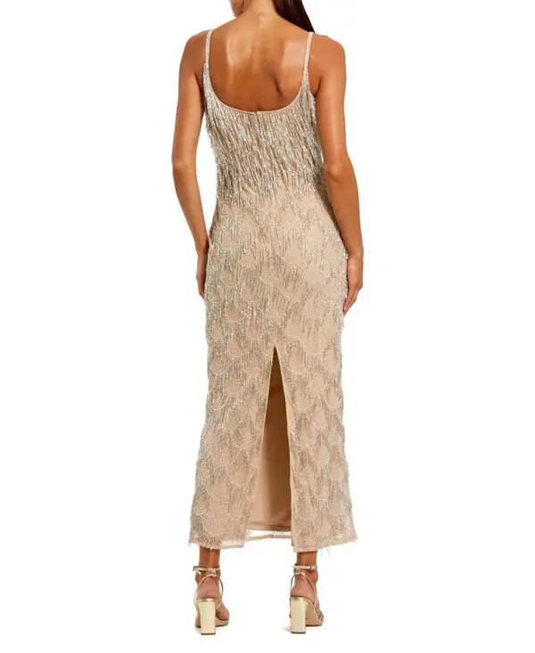 Mac Duggal Beaded Mesh Midi Dress With Fringe