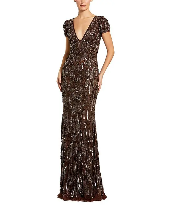 Mac Duggal Beaded Sequin V-neck Cap Sleeve Fitted Column Gown