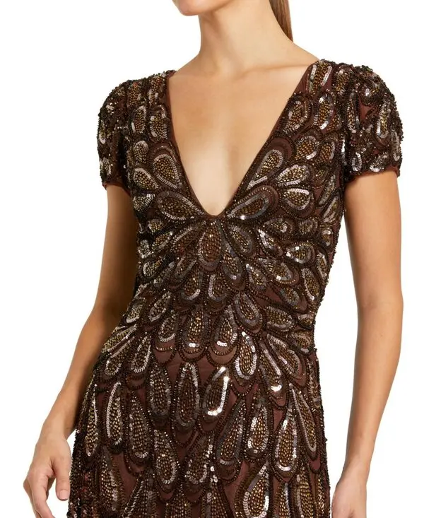 Mac Duggal Beaded Sequin V-neck Cap Sleeve Fitted Column Gown