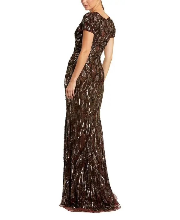 Mac Duggal Beaded Sequin V-neck Cap Sleeve Fitted Column Gown
