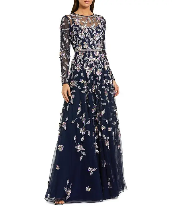 Mac Duggal Long Sleeve Mesh Gown With Beaded Floral Applique