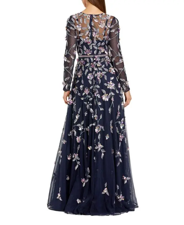 Mac Duggal Long Sleeve Mesh Gown With Beaded Floral Applique
