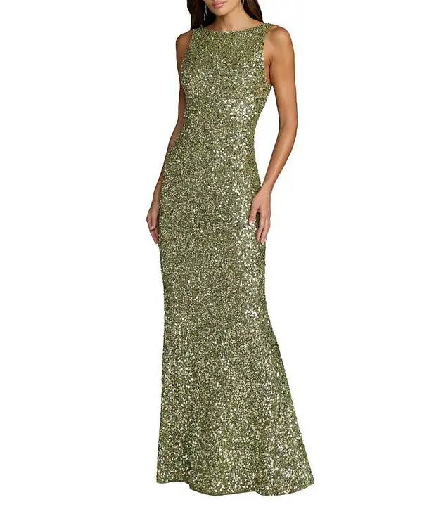 Mac Duggal Petite High Neck Sleeveless Open Back Sequin Column Gown - Sage