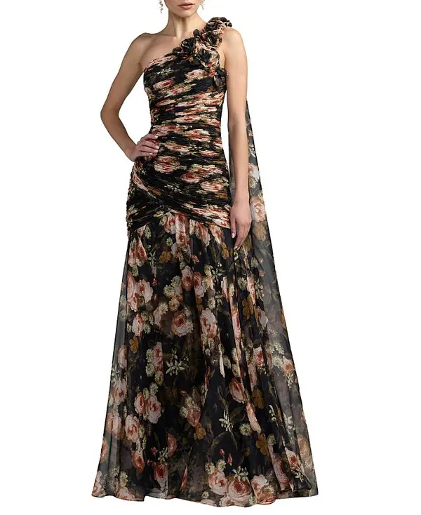 Mac Duggal One Shoulder Floral Printed Chiffon Gown