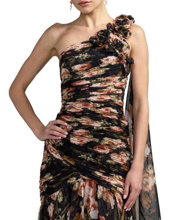 Mac Duggal One Shoulder Floral Printed Chiffon Gown