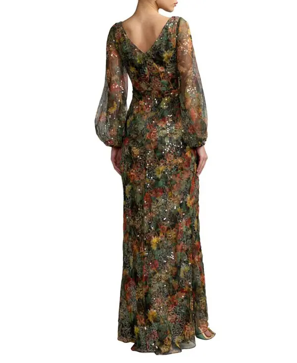 Mac Duggal Floral Sequined Puff Sleeve Gown
