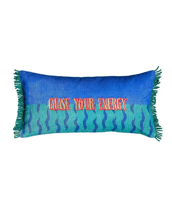 ZSA ZSA ZSU Ghuni Fringed Embroidered Cotton Cushion, 19.69 X 9.84 - Blue