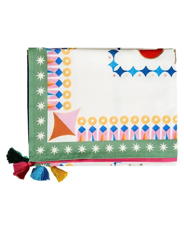 ZSA ZSA ZSU Nilufer Digital Printed Tassel Embroidered Cotton Tablecloth, 62.9 X 94.4