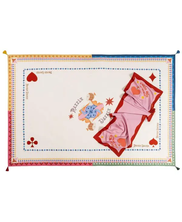 ZSA ZSA ZSU Nilufer Digital Printed Tassel Embroidered Cotton Tablecloth, 62.9 X 94.4
