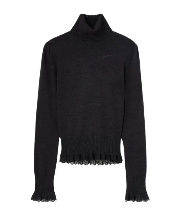 GANNI Merino Turtleneck Sweater With Lace Trim - Phantom Black