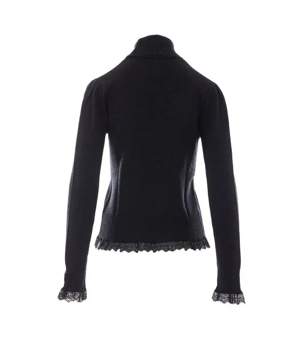 GANNI Lace Trim Merino Wool Turtleneck Sweater - Phantom Black