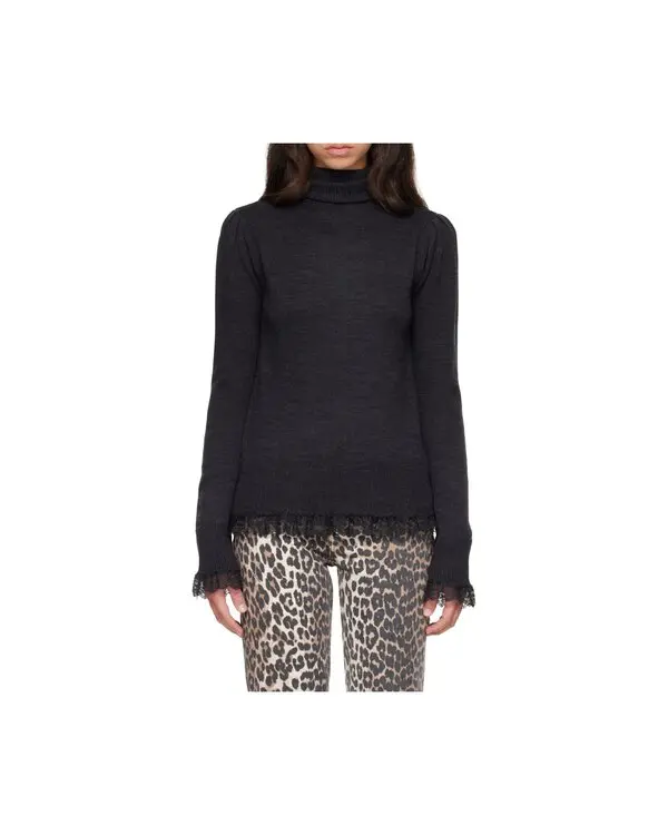 GANNI Lace Trim Merino Wool Turtleneck Sweater - Phantom Black