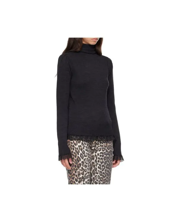GANNI Lace Trim Merino Wool Turtleneck Sweater - Phantom Black