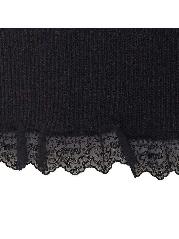 GANNI Lace Trim Merino Wool Turtleneck Sweater - Phantom Black