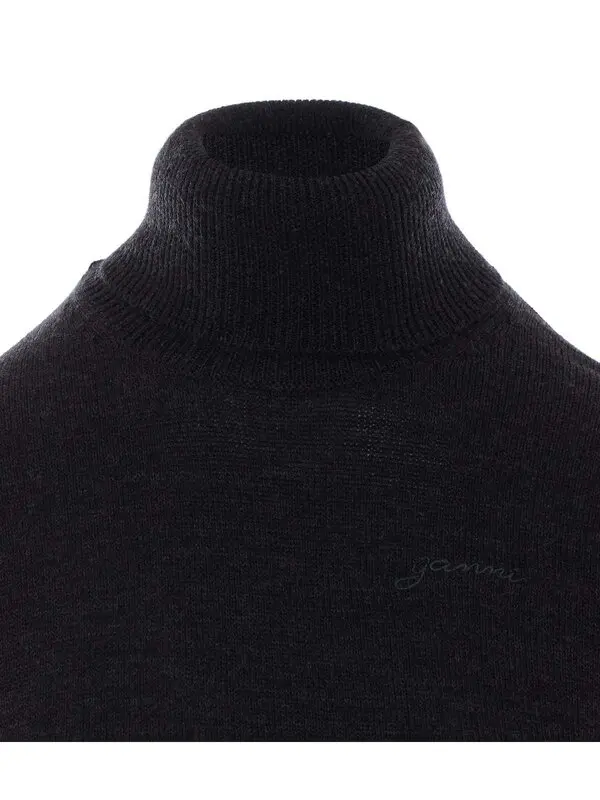 GANNI Lace Trim Merino Wool Turtleneck Sweater - Phantom Black