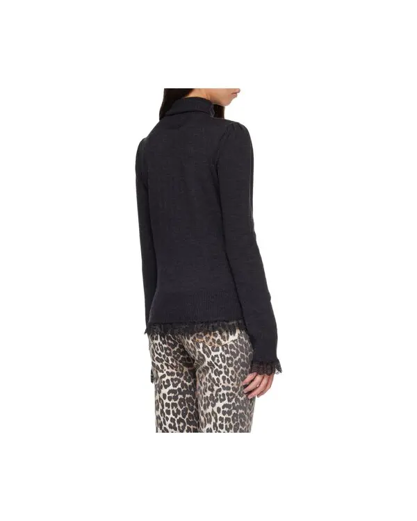 GANNI Lace Trim Merino Wool Turtleneck Sweater - Phantom Black