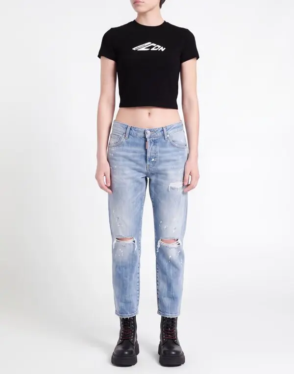 Dsquared2 Cotton Graphic Crewneck Crop Tee - Black